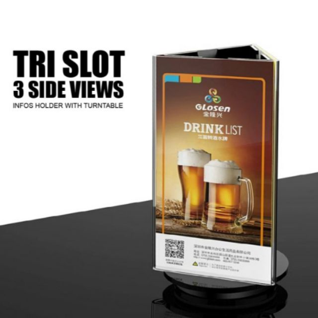 Clear Acrylic 3 Side Rotating Table Menu Display Stand Triangle Holder ...