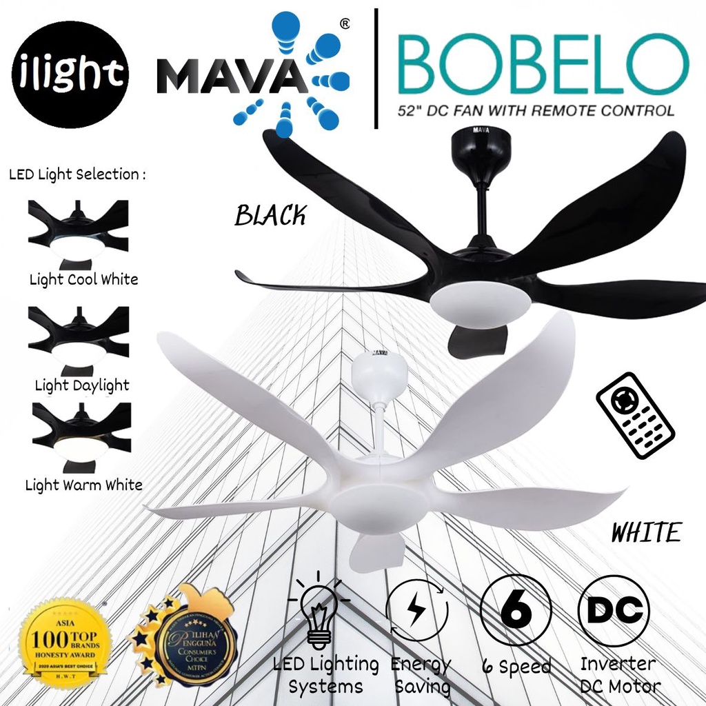 MAVA BOBELO 52” 5 BLADES DC MOTOR 6 SPEED CEILING FAN | 3 COLOR LED ...