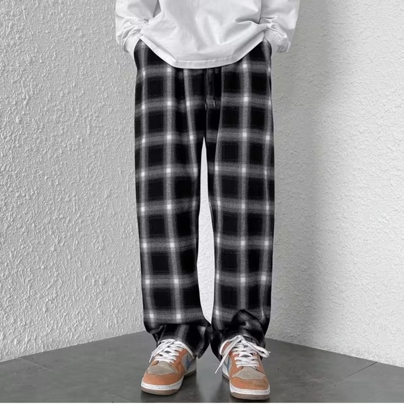Hip Hop Black and White Checker Pants Men's Straight Pants Loose Casual ...
