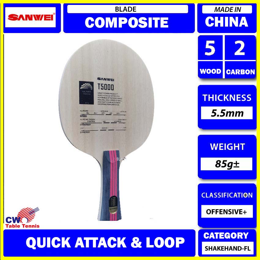 Sanwei Blade T5000 Composite Carbon Blade Table Tennis Bat Paddle Racket Ping Pong Shakehand FL ...