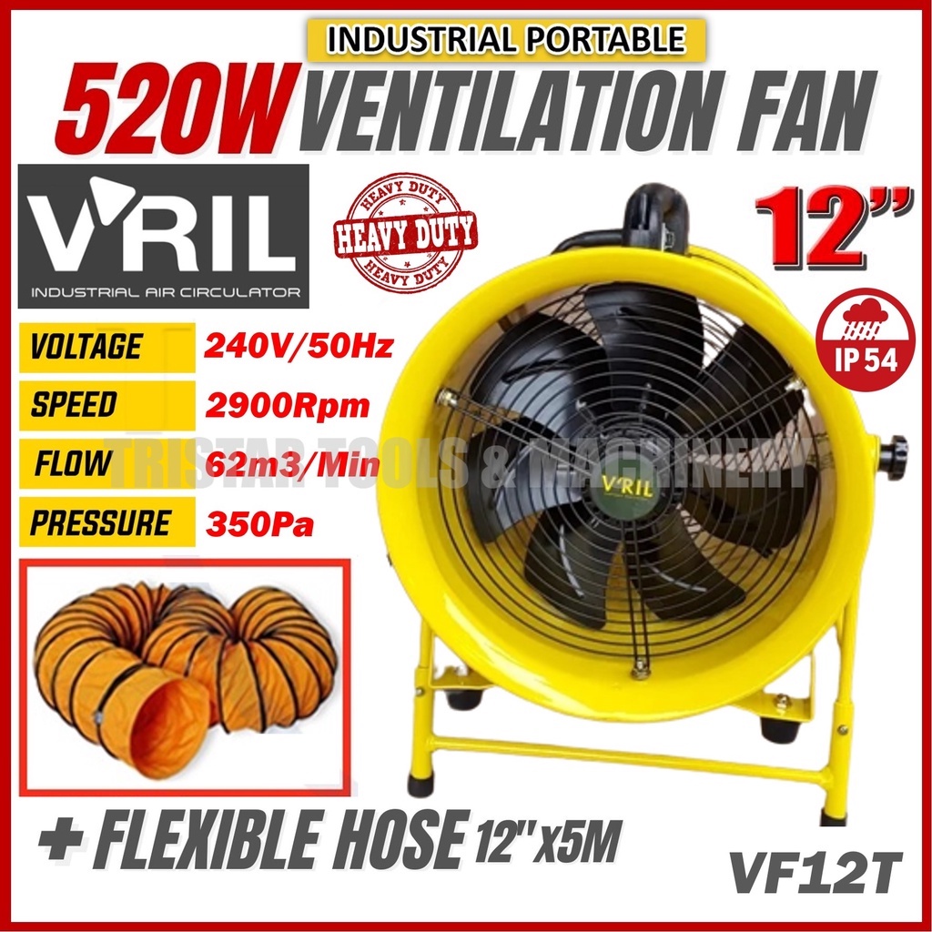 V'RIL VF12T 520W 12" Portable Ventilator & Blower Fan with Stand + 12 ...