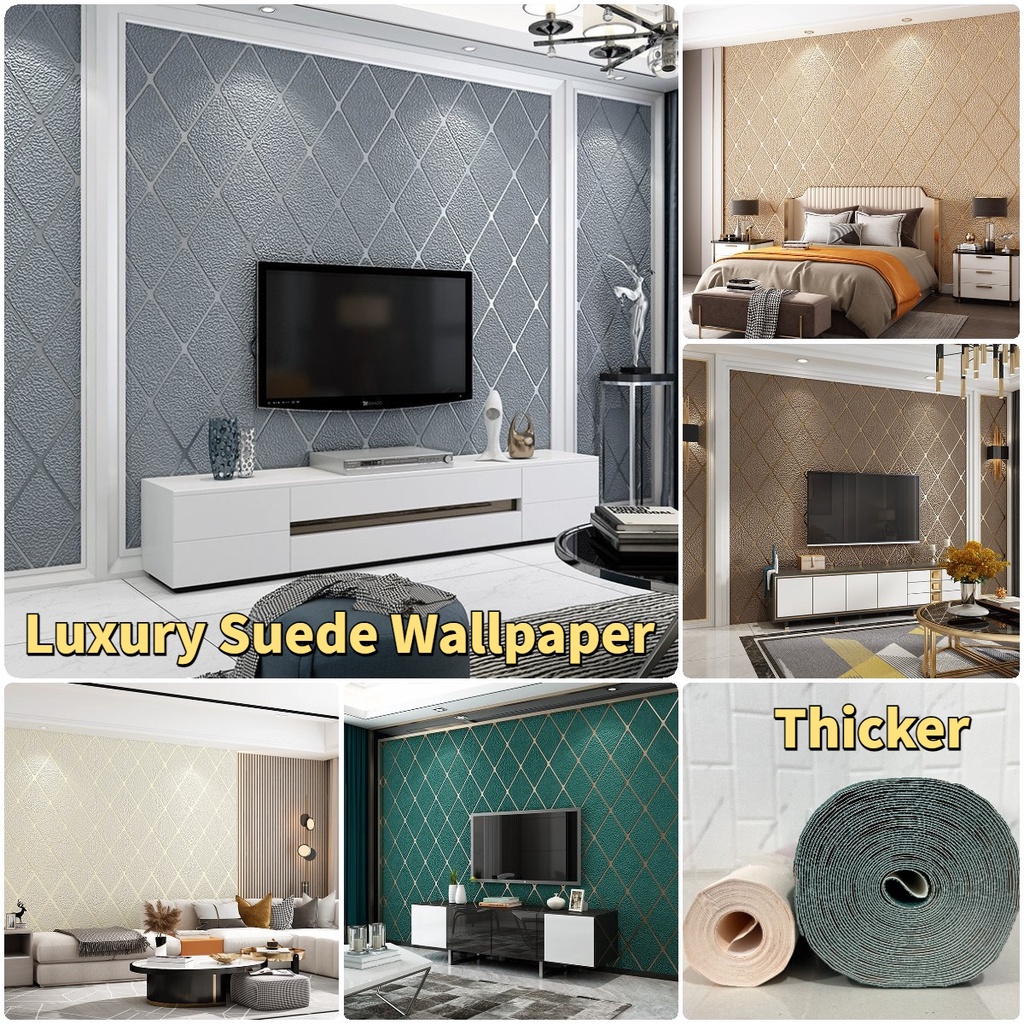 Wall Paper Dinding Ruang Tamu 10m 3D Modern Luxury Velvet Gold ...
