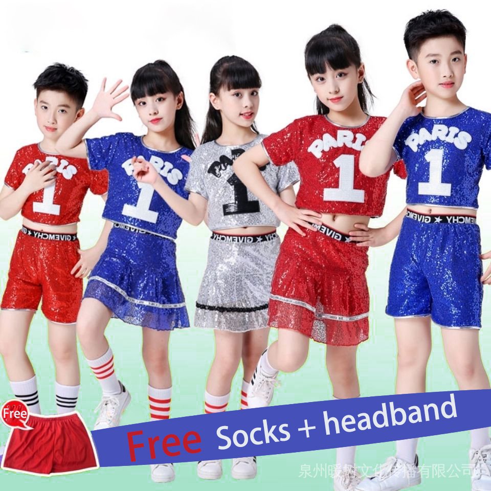 Sequins Kids Cheerleader Dance Costume Set 4pcs 2-10Y School Uniform ...