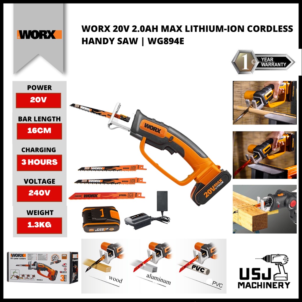 Worx 20V 2.0Ah Max Lithium-Ion Cordless Handy Saw WG894E | 12 Months ...