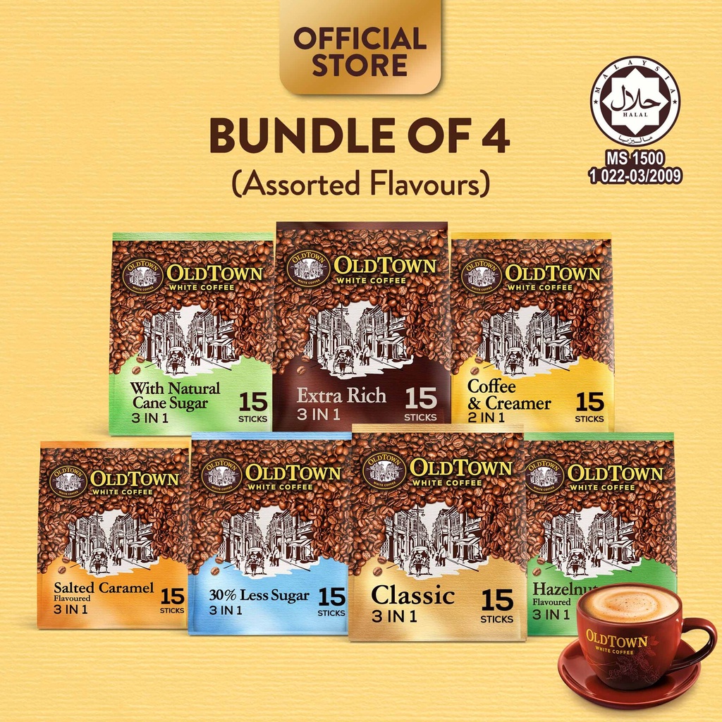 (Bundle of 4) OLDTOWN Instant Premix White Coffee, 13/15 Sticks [HALAL ...