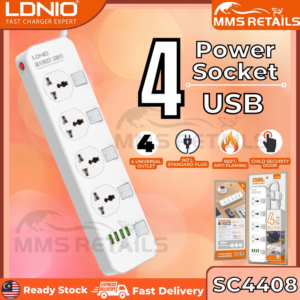 LDNIO SC4408 Extension Power Strip 4 Universal Socket 4 USB 3.4A 2m UK ...