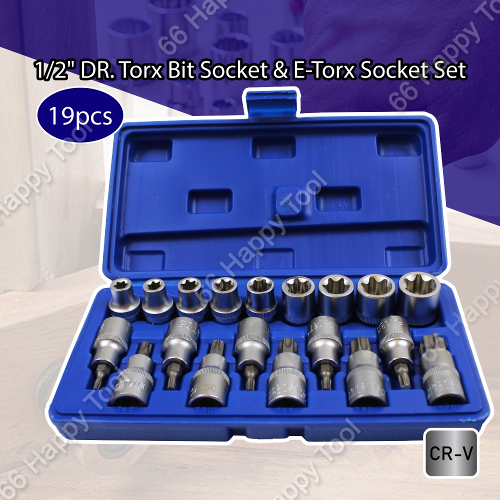 19pcs Torx Star Bit & E-Torx Socket Set E & T Type 1/2" Inch Drive CR-V Wrench Tools Hexagonal ...