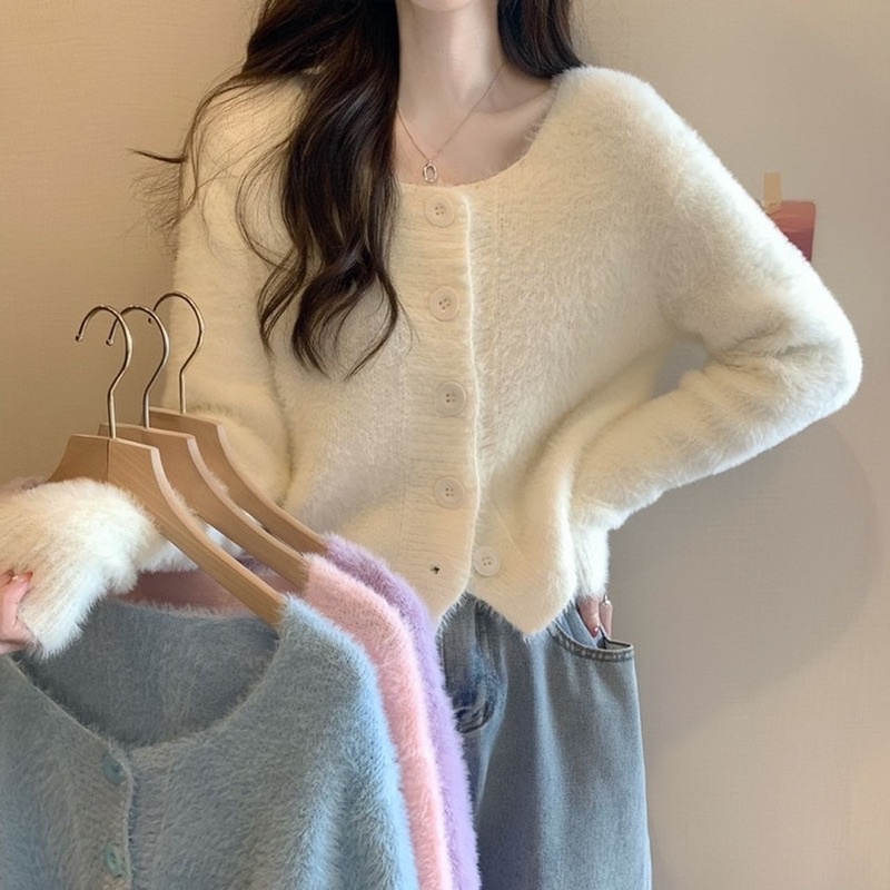Furry Sweater Mohair Soft Sweet Crop Tops Macaron Colors Long Sleeve V ...