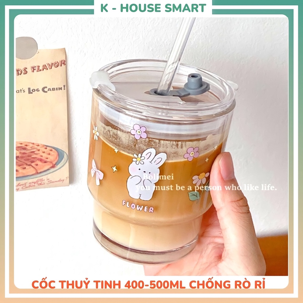 Cute glass cup with flower rabbit print 400-500ml with lid and straw ...