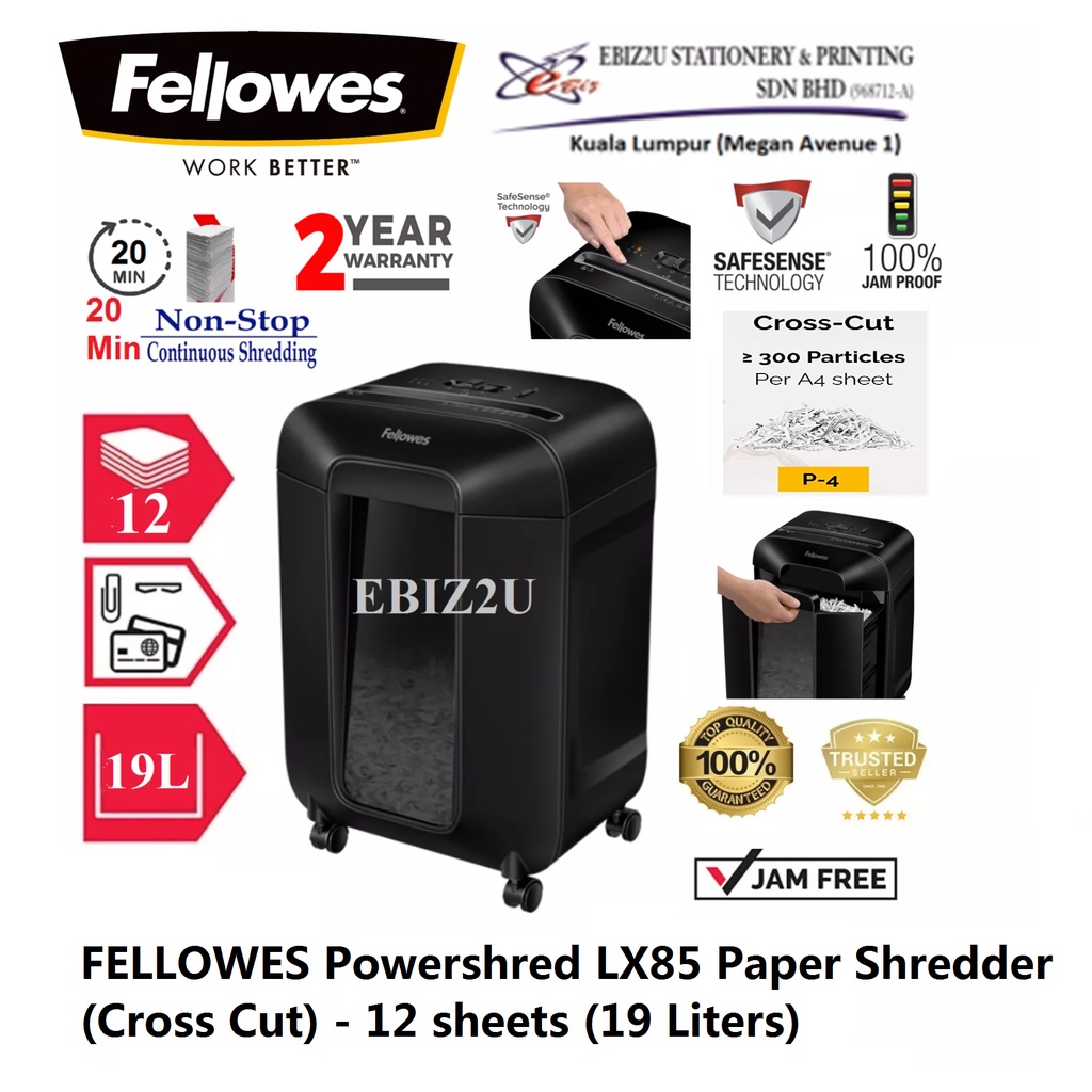 FELLOWES Powershred LX85 Paper Shredder (Cross Cut) 4 x 50 mm - 12 sheets (19 Liters) with ...