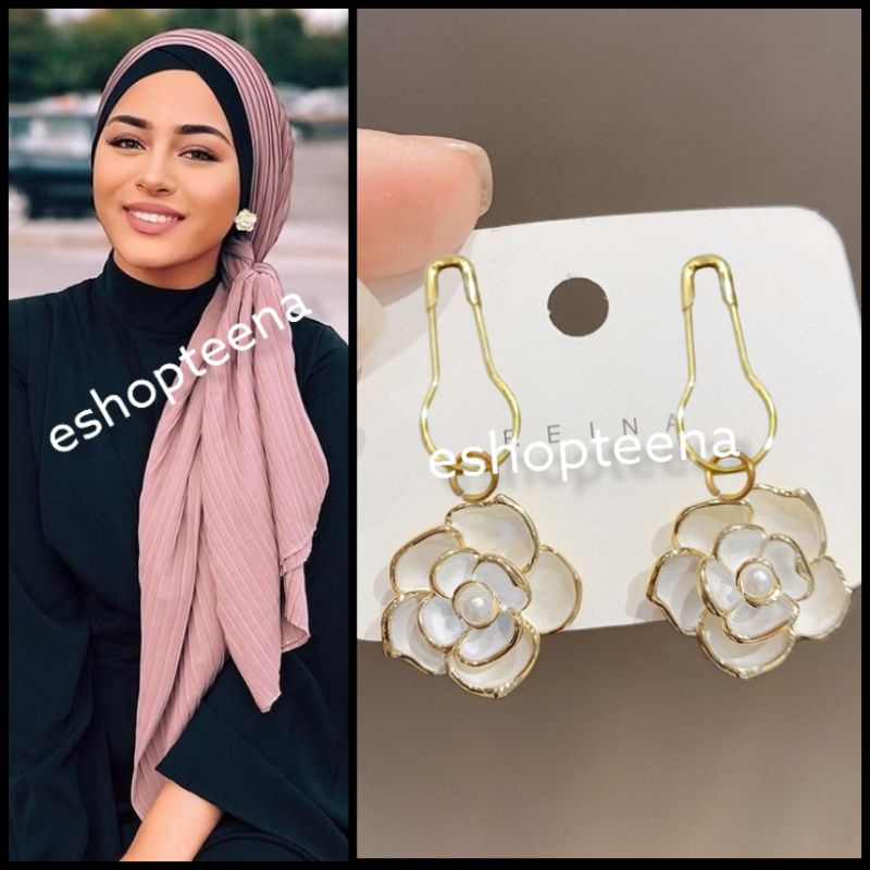 A62 Flower HIJAB Earrings Pins/Clasps gold Pearl_ HIJAB Earrings_ HIJAB ...