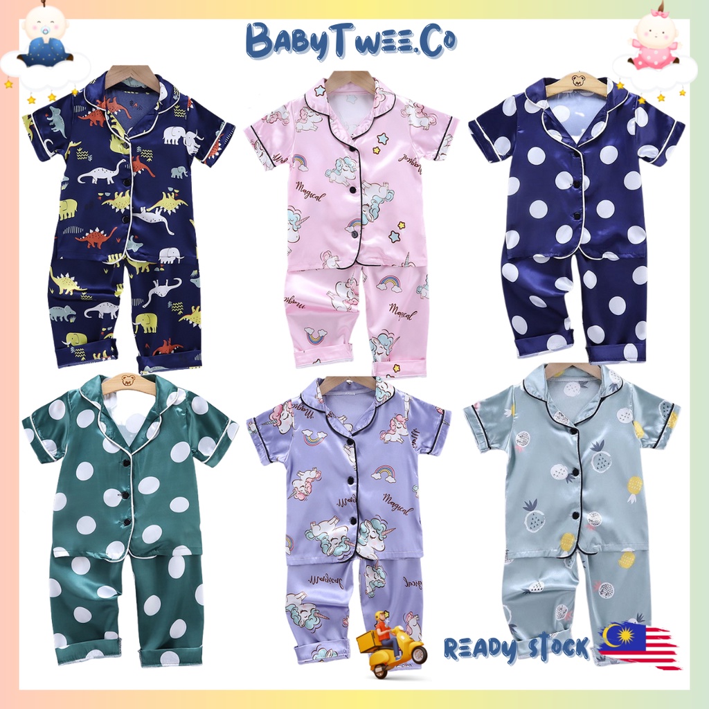 [Malaysia Stock]Satin Pyjamas Kids Sleepwear Girl Boy Long Sleeve and ...