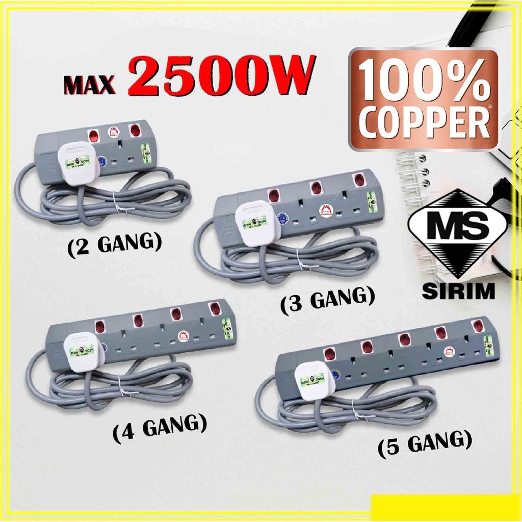 [sirim] 100 Full Copper Wire 2 3 4 5 Gang Portable Extension Trailing Socket 2 Meter 5 Meter