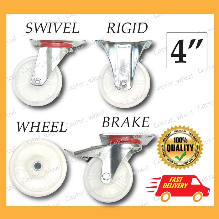4" (100MM) HEAVY DUTY WHITE NYLON/PP SWIVEL/RIGID/BRAKE CASTOR/CASTER ...