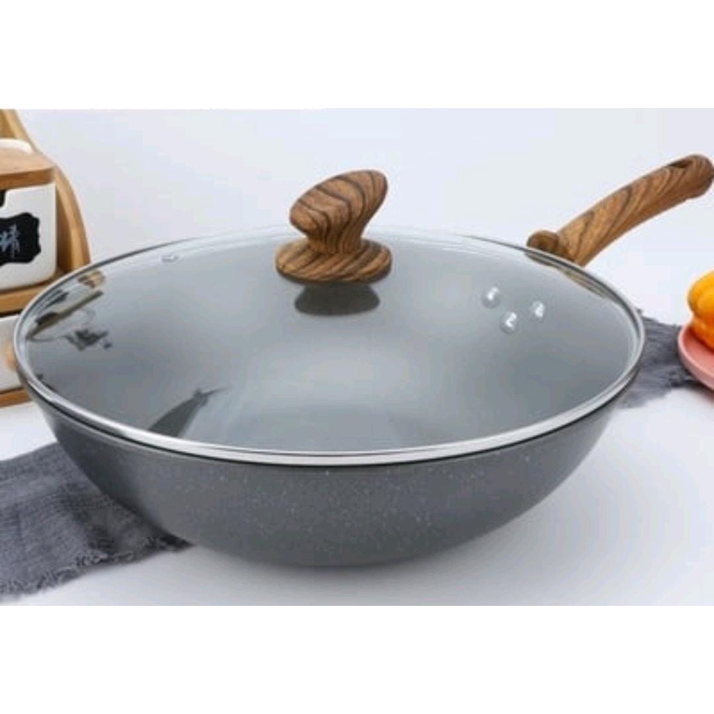 32cm Granite Stone Coating Single Handle Deep Wok with Lid | Shopee ...