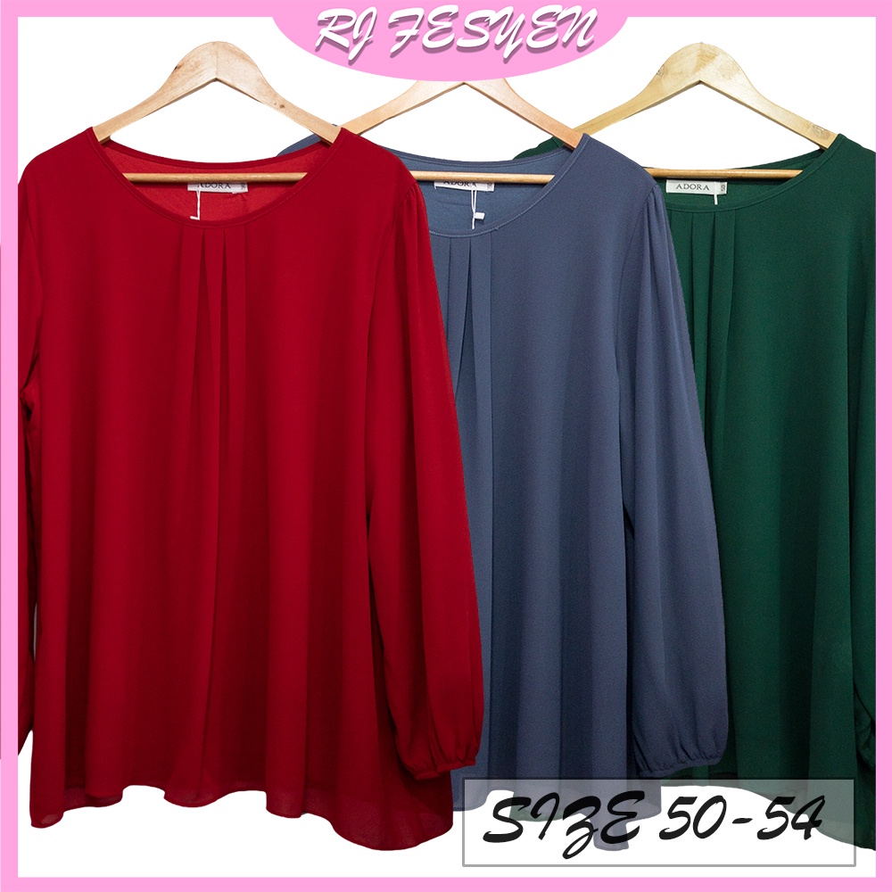 [Plus Size 50-54] Blouse Adora Chiffon Plain Long Sleeve / Blaus Sifon Tangan Bercerut Lengan ...