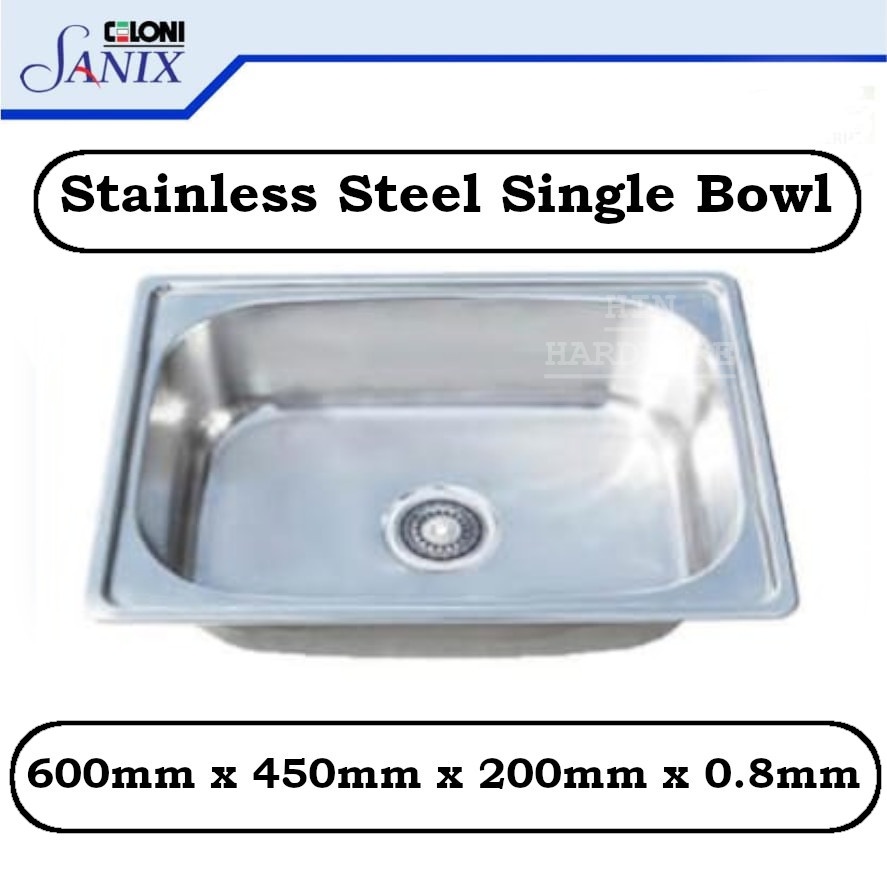 HIN CELONI SANIX Stainless Steel Single Bowl Kitchen Sink 600mm x 450mm ...