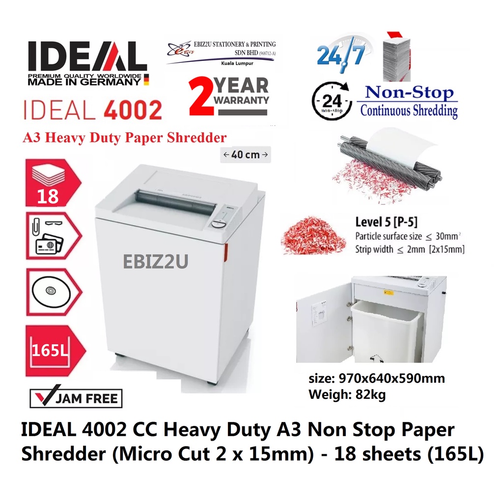 IDEAL 4002 CC 2 x 15mm Heavy Duty A3 Non Stop Paper Shredder (Micro Cut ) - 18 sheets (165L ...