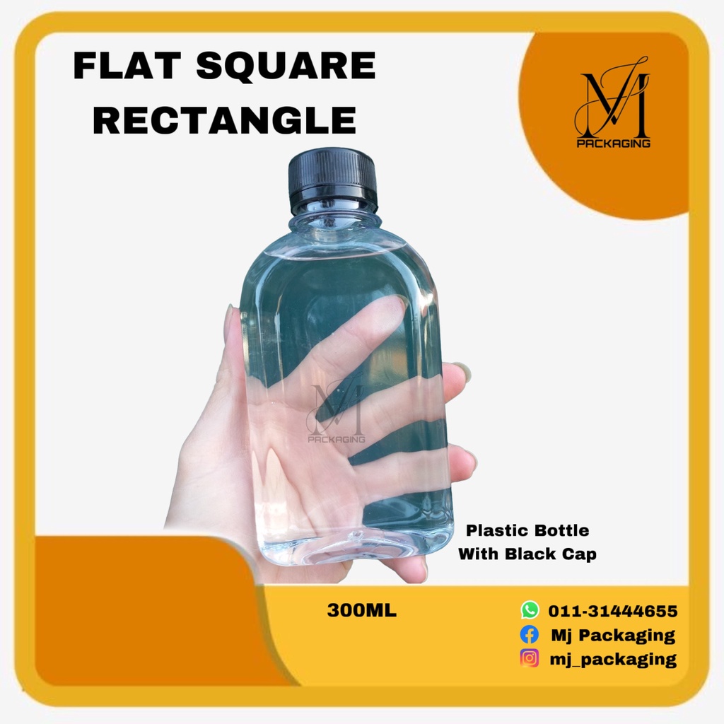 (50PCS) 300ml FLAT SQUARE RECTANGLE Juice Plastic Bottle With Black Cap ...