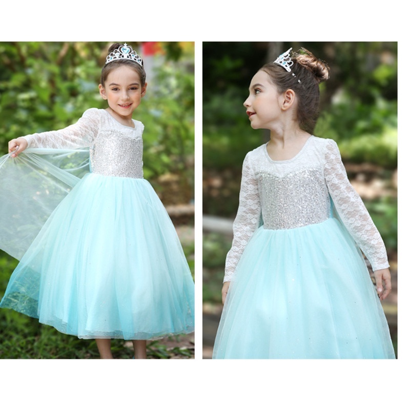 Frozen Elsa Dress Elegant Kids Girls Glitters Lace Long Sleeve Princess ...