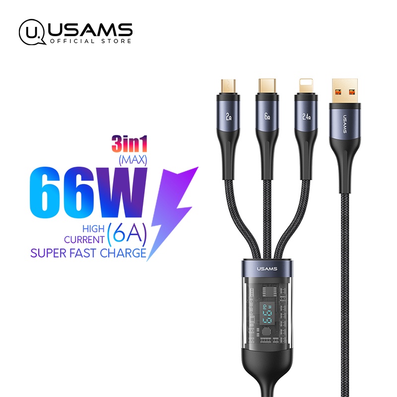 USAMS 66W 3in1 Type-C / iP / Micro Usb Super Fast Charging Cable w ...