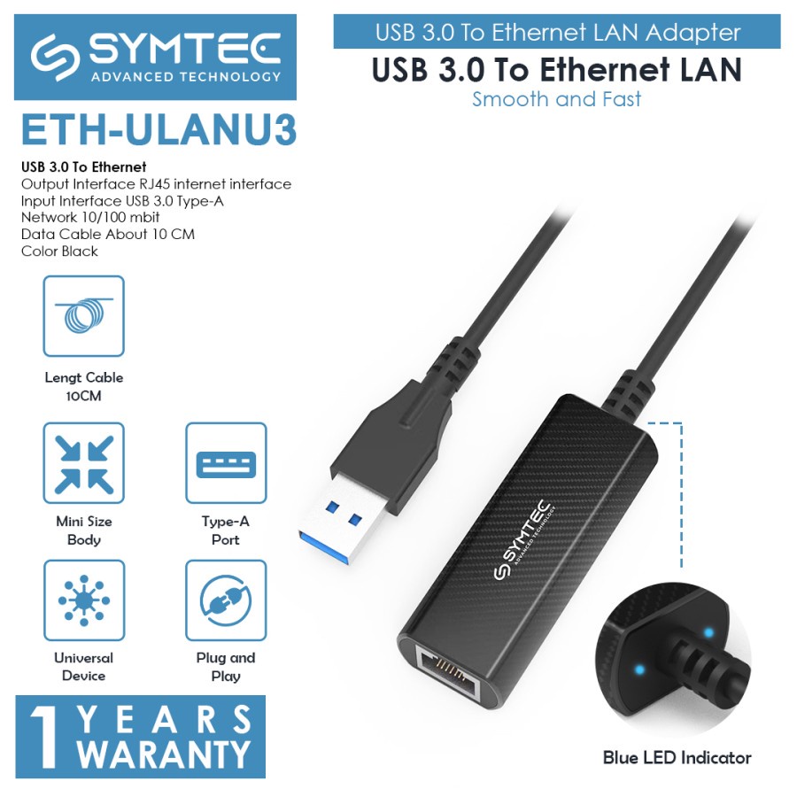 Symtec ETH-ULANU3 USB 2.0 To Ethernet Adapter LAN | Shopee Malaysia