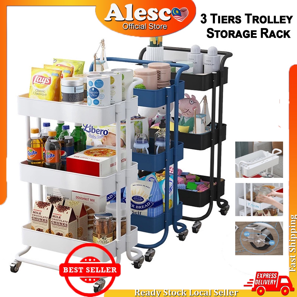 3 Tiers Trolley Storage Rack / Office Shelves Home Kitchen Trolley ...