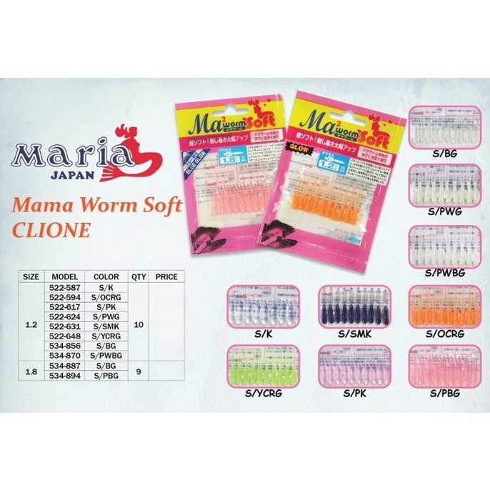 NEW MARIA fishing lure MAMA WORM SOFT CLONE Size 1.5/1.8 Soft Worm Bait ...
