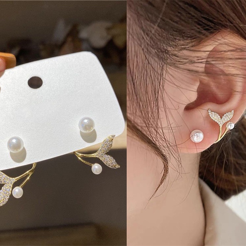 925 Silver Needle Ear Clip Earrings for Women Fashion Pearl Fishtail ...