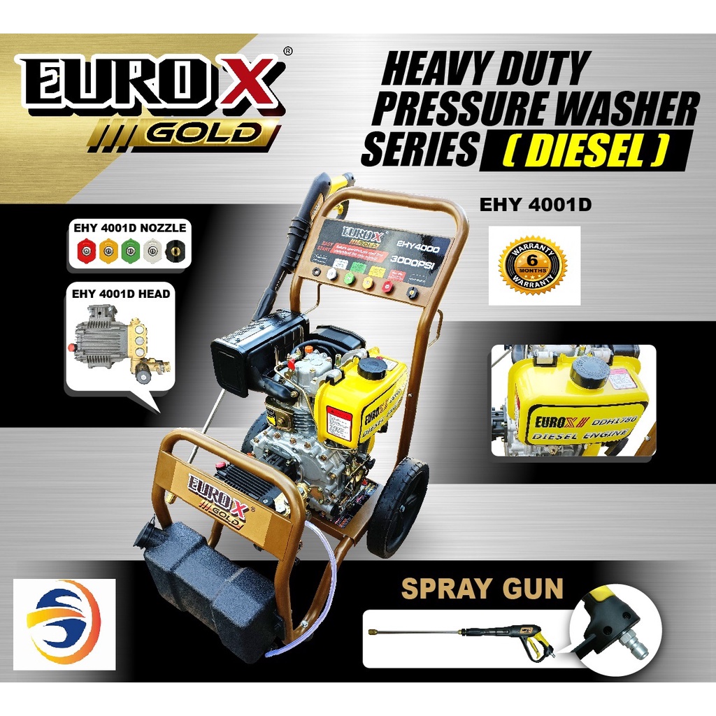 EUROX EHY4001D DIESEL HIGH PRESSURE WASHER (6.7HP/200BAR/3000PSI) | Shopee Malaysia