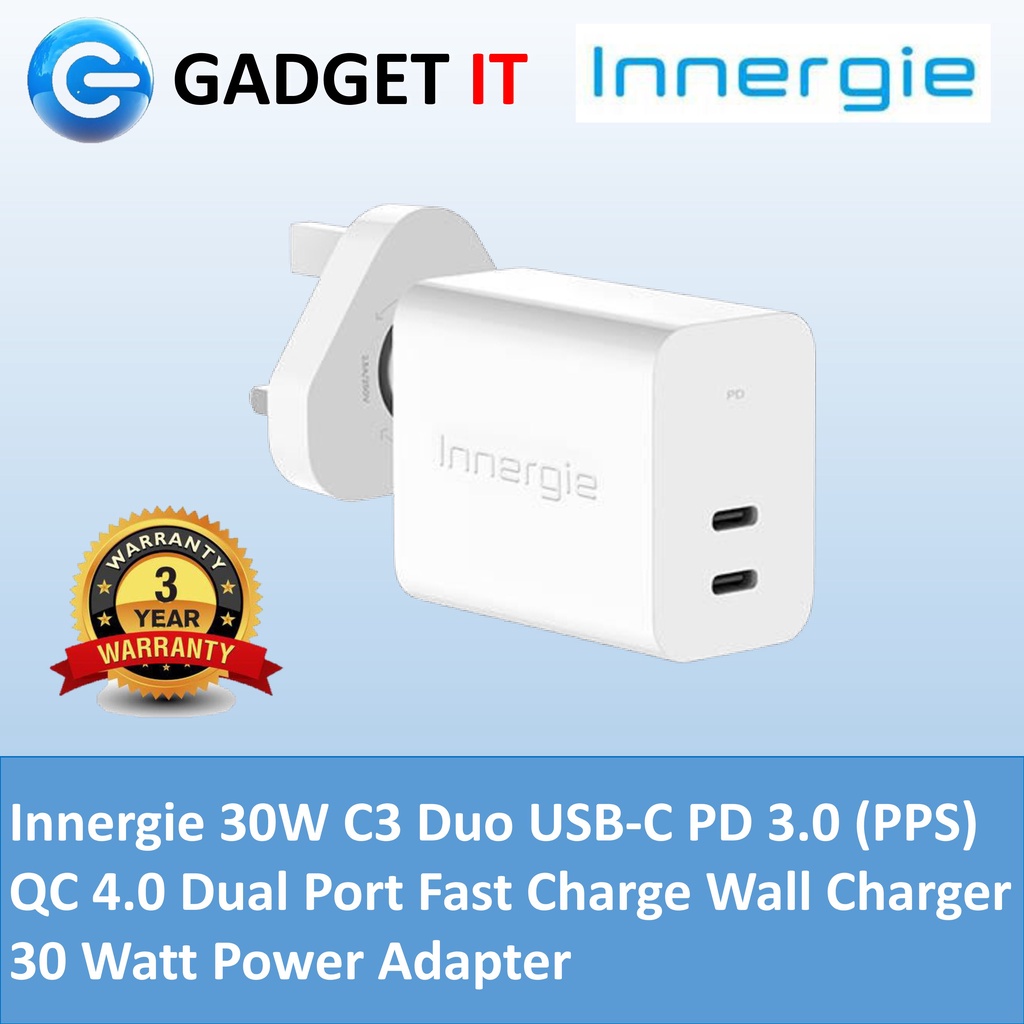 Innergie 30W C3 Duo USB-C PD 3.0 (PPS) QC 4.0 Dual Port Fast Charge ...