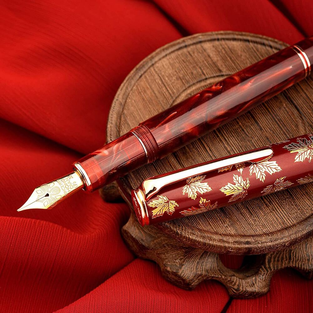 Hongdian N8 Fountain Pen Red Acrylic Resin Maple Leaf Carving Cap EF/F ...