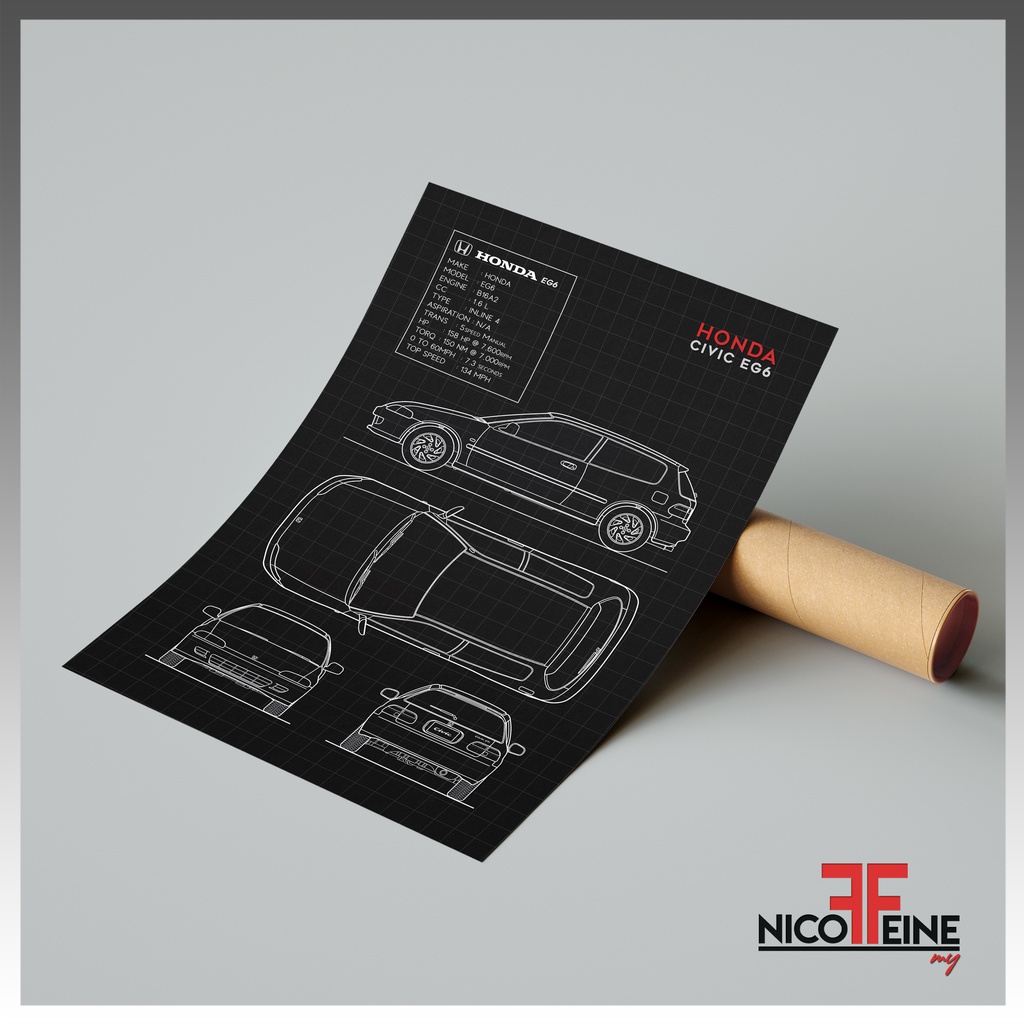 [Poster Only] Honda Civic EG6 B16A Vtec Minimal Car Blueprint Style Art ...
