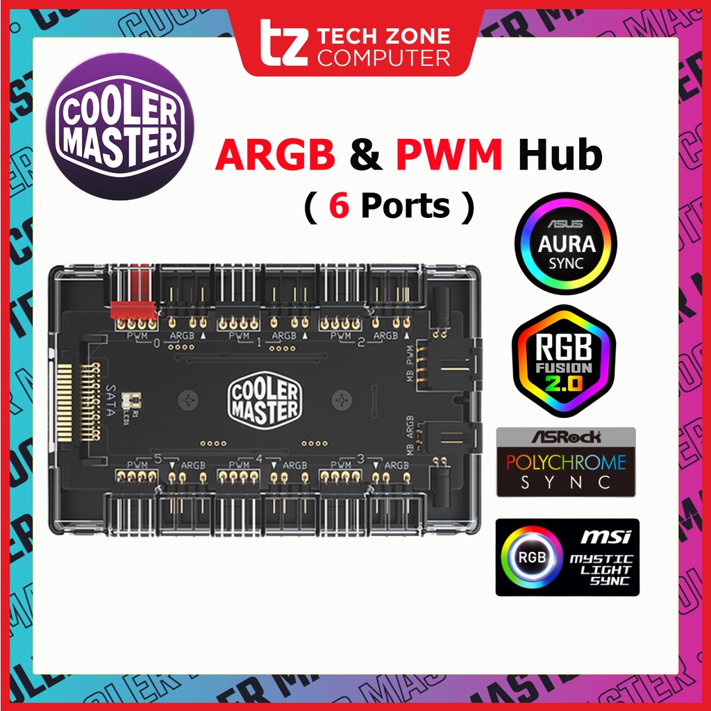 Cooler Master MasterFan ARGB & PWM Hub-SATA Powered 3 Pin 5V ARGB and 3 ...