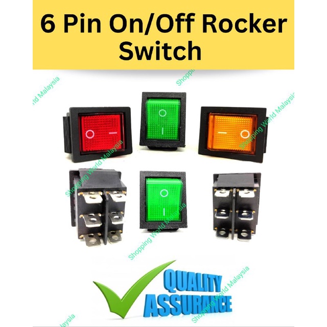(1pcs) 6 Pin On/Off Rocker Switch With LED DPST 10A/250V (Red/Yellow ...