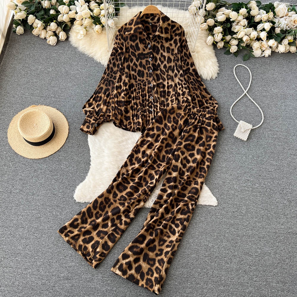 Woman Suit (2pcs) Leopard Pleated Print Top Blouse + Wide Leg Pant Baju ...