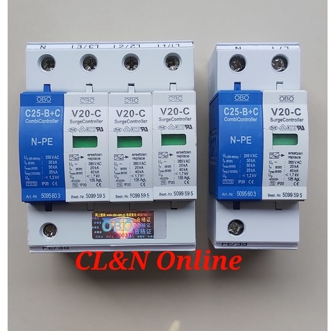 避雷器 Germany OBO BETTERMANN 40KA V20-C/1+NPE/ V20-C/3+NPE Surge Arrester ~385V AC Surge ...
