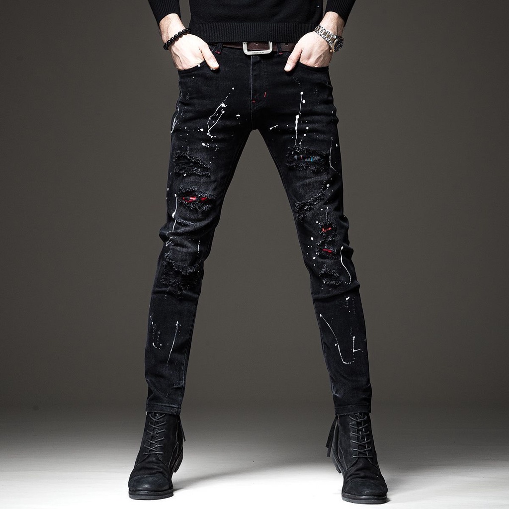 Unique Men Street Wear Ripped Patch Black Splash Ink Beggar Pants ...