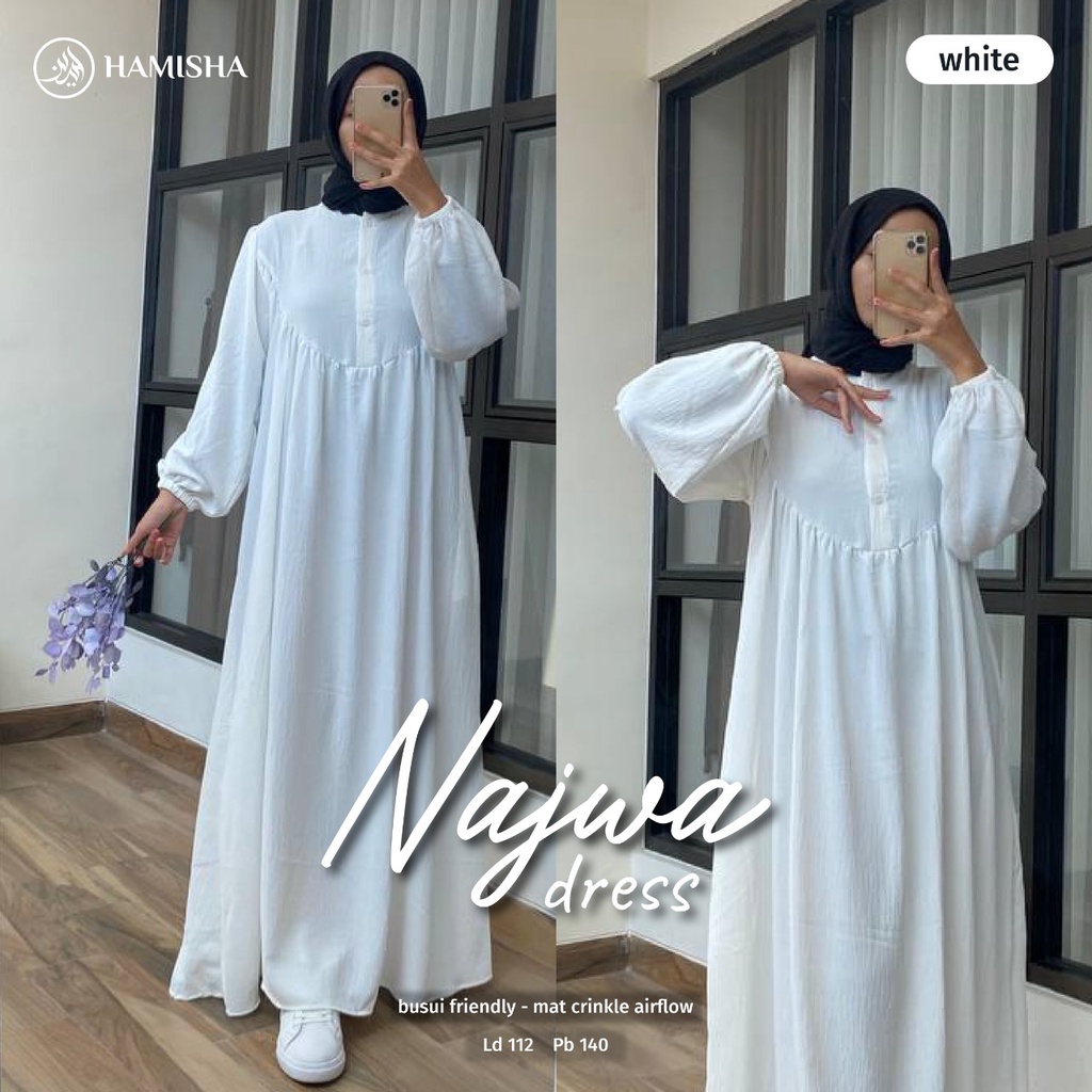 Najwa Plain crinkle airflow dress Front Button simple original Rubber ...