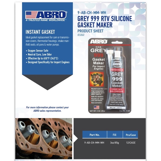 Abro Grey 999 RTV Silicone Gasket Maker (9AB & 9-AB-42) - MADE IN USA ...