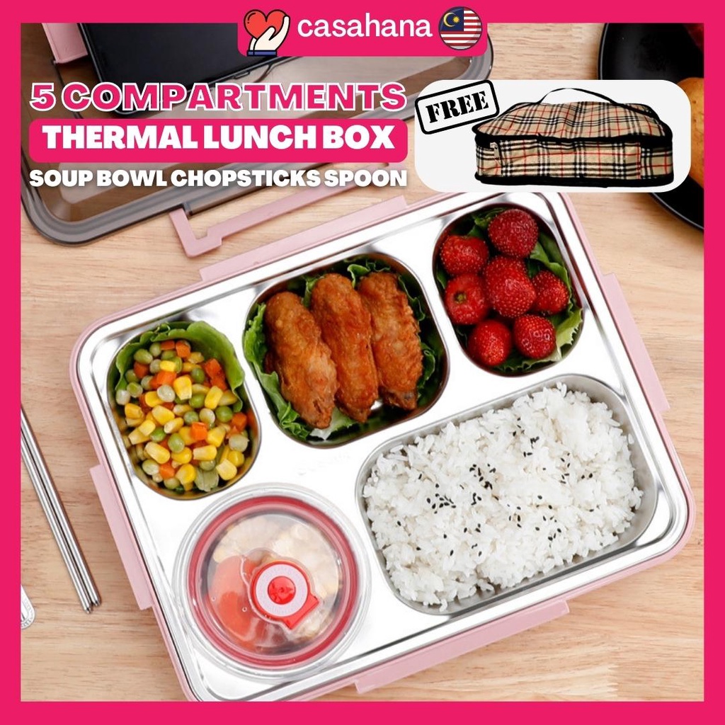 🔥THERMAL BENTO LUNCH BOX🔥 5 Compartments Insulated Food Container Box ...
