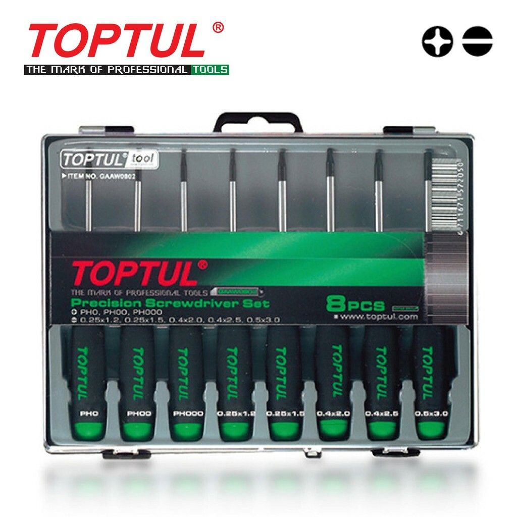 TOPTUL 8PCS Precision Screwdriver Set Slotted & Phillips Type GAAW0802 ...