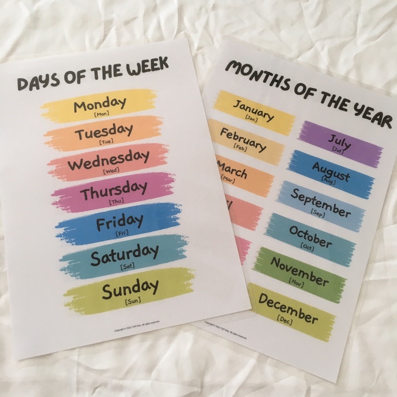 A3/A4 Days Poster,Months Poster(2-in-1)[Days of the Week,Months of the ...