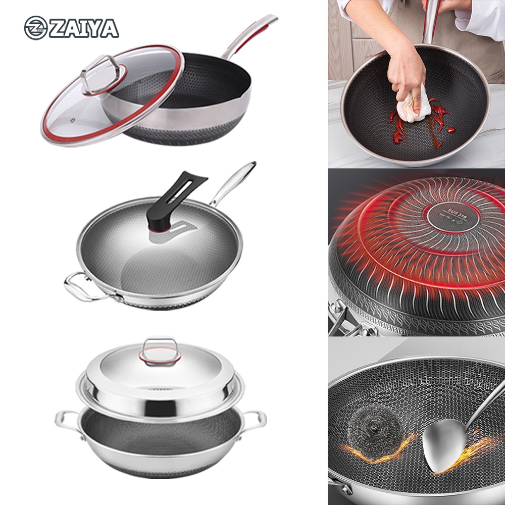 COOKING PAN with Lid Non-stick Wok 316 Stainless Steel Kuali Honey Comb ...