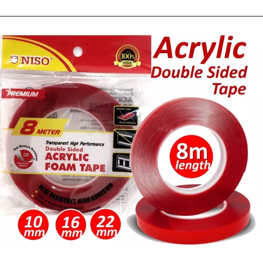 NISO Double Side Tape Acrylic Tape 8meter (10mm/16mm/22mm) | Shopee ...
