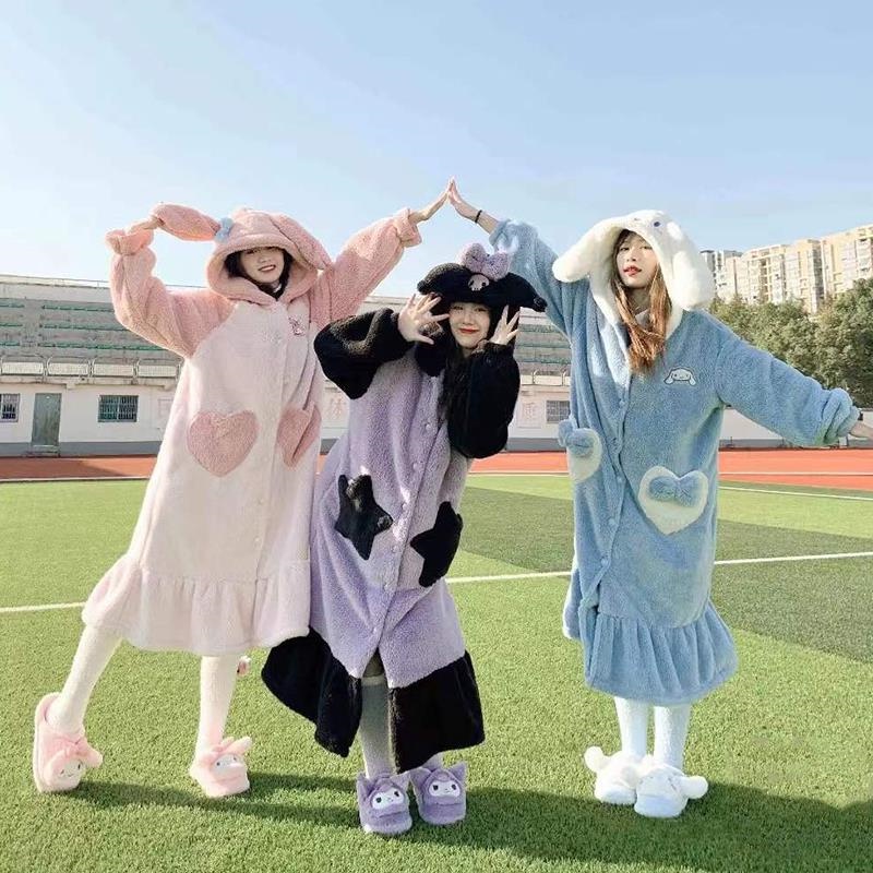2022 Cute Kuromi Cinnamoroll My Melody Women Hooded Robes Winter Warm ...