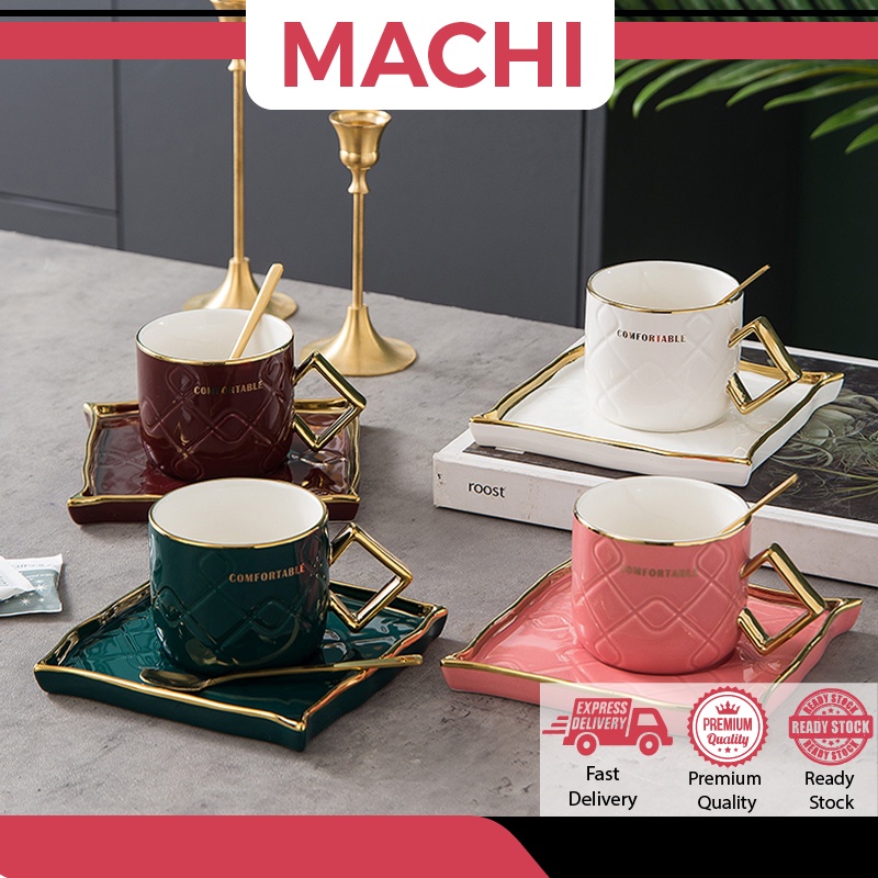 Luxury Ceramic Cup Set with Plated Creative Gold Square Saucer Set ...