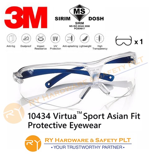 3M™ Asian Virtua Sport 10434 Safety Spectacles Clear Anti-Fog Lens, Blue Temples (DOSH SIRIM ...