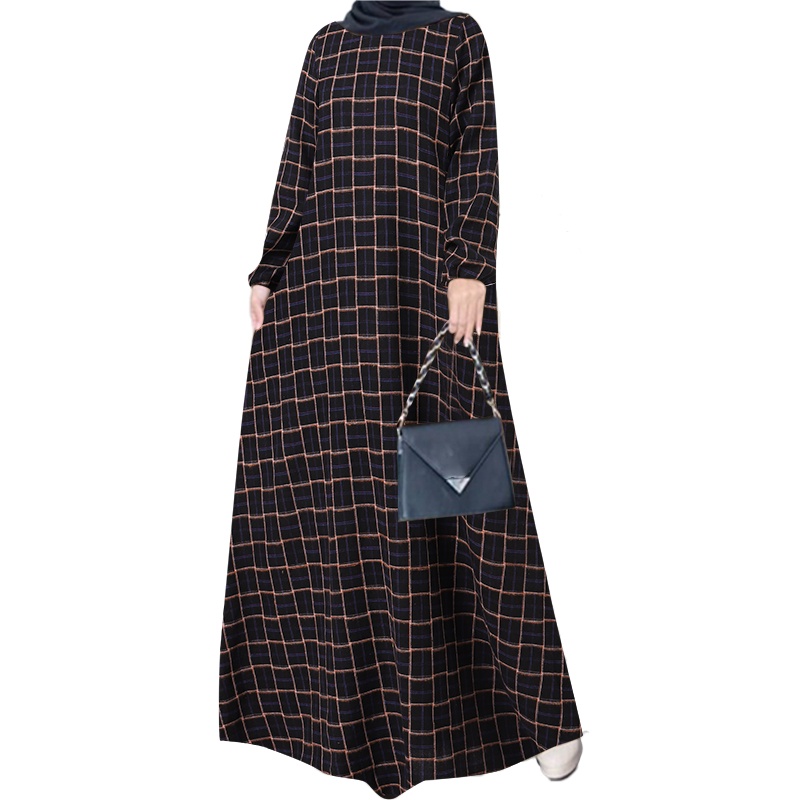 Zanzea Women Muslim Street Fashion Puff Sleeve O Neck Grid Maxi Dress