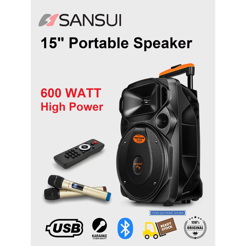SANSUI A15-66 15" AC/DC Portable Speaker with 2 Wireless Handheld ...